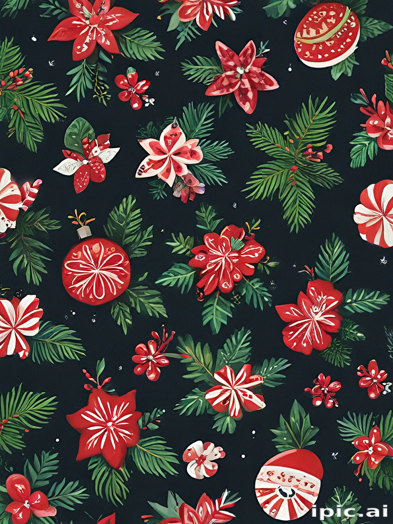 Festive Holiday Pattern Featuring Red Flowers, Ornaments, and Greenery ...