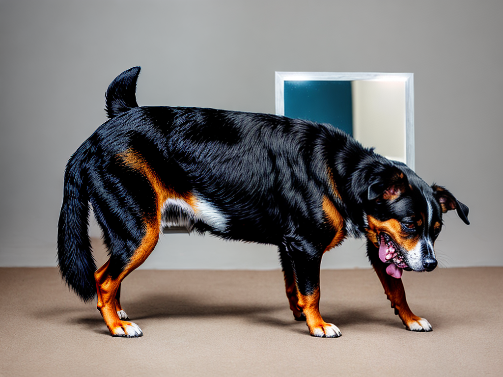 a dog in front of a mirror