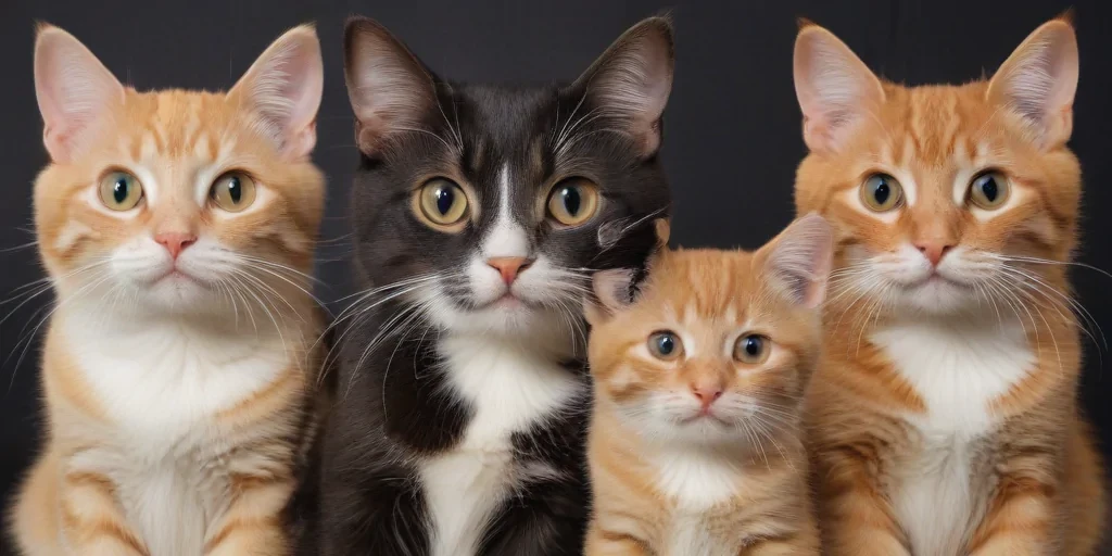 Four Adorable Cats Posing Together with Unique Colors and Expressions