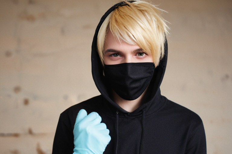 slim cute emo twink with blonde hair and hoodei and mask nitrile gloves