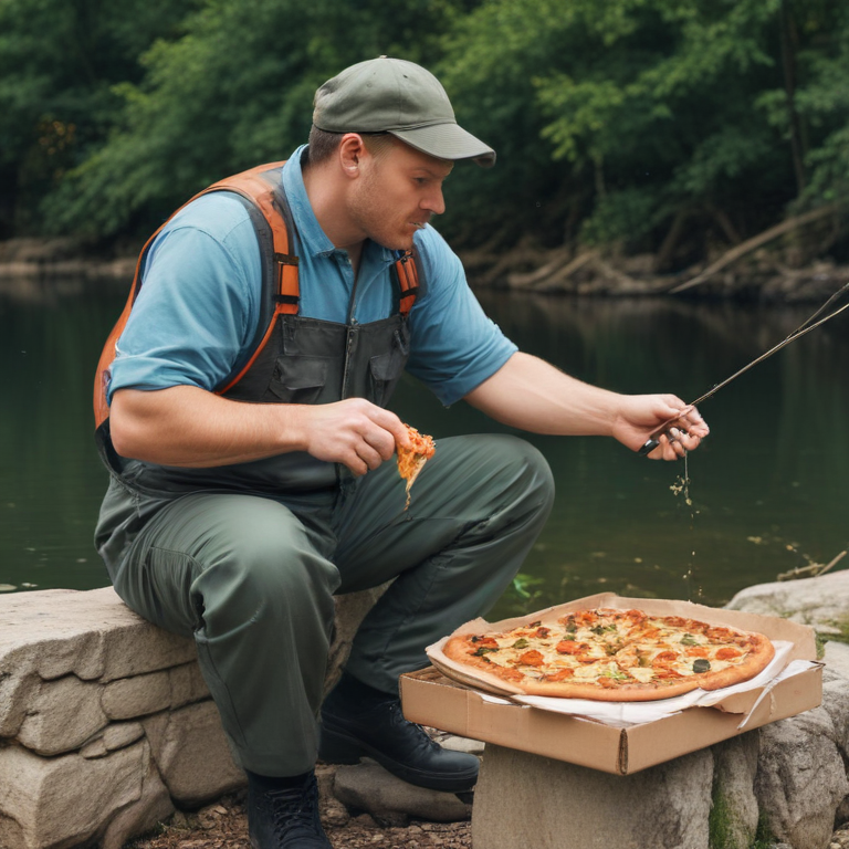 garbage man eating pizza and fishing