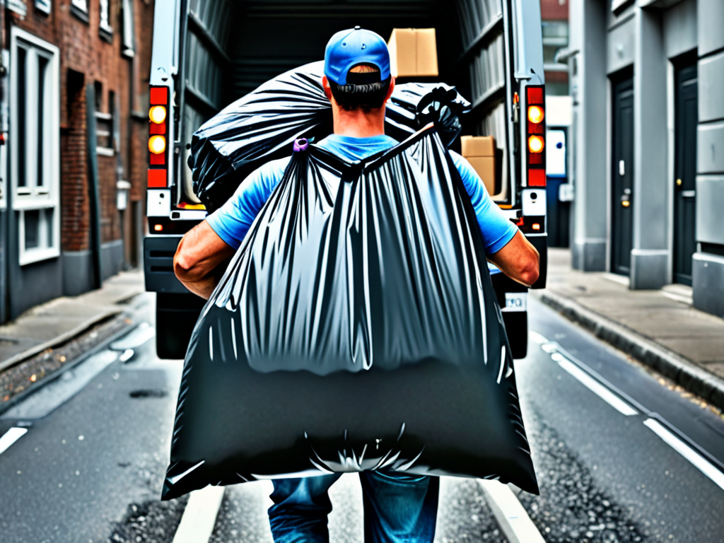 realistic handsome muscular garbagemen from behind carrying black ...
