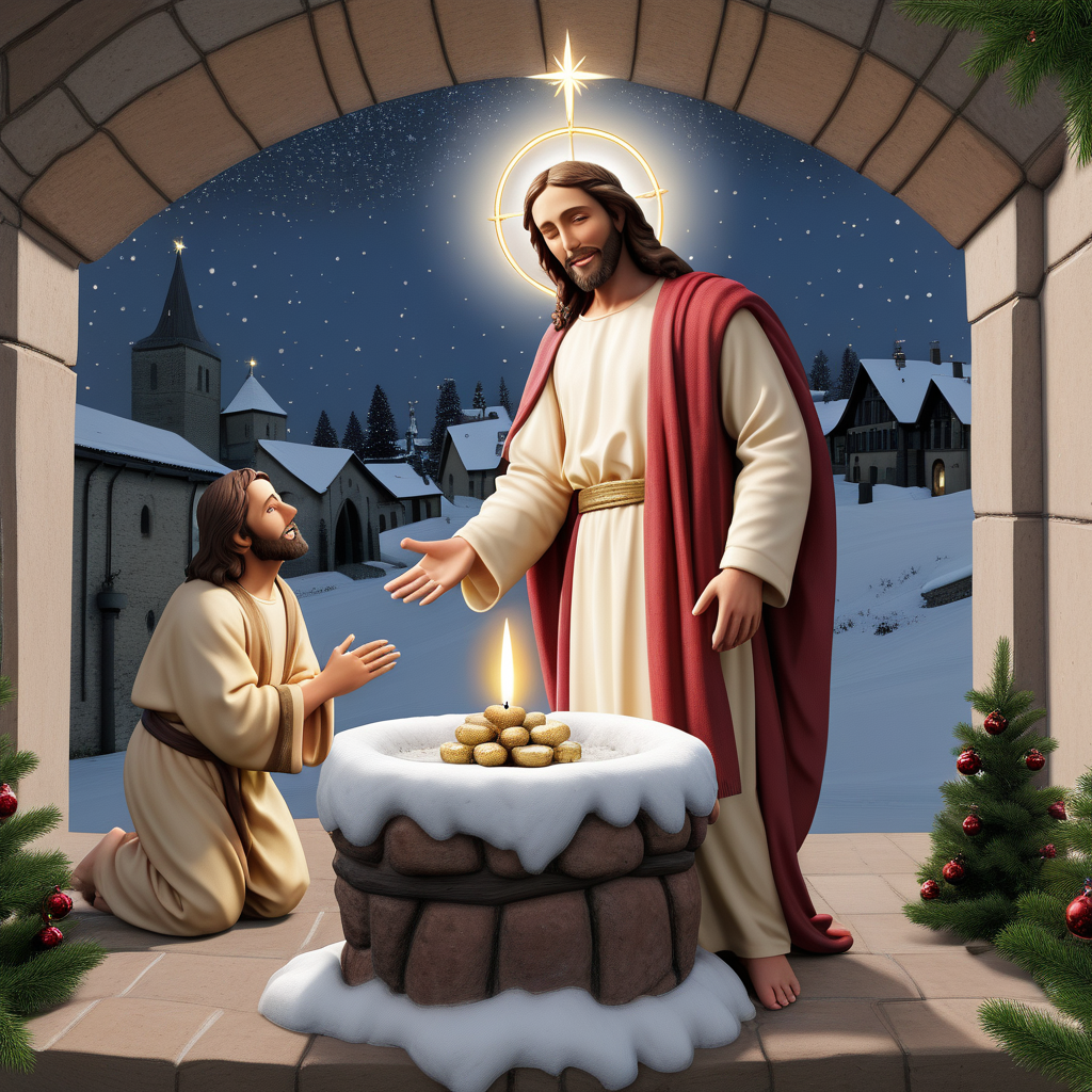 Jesus Offering Hope and Compassion to a Devoted Follower in Winter Scene