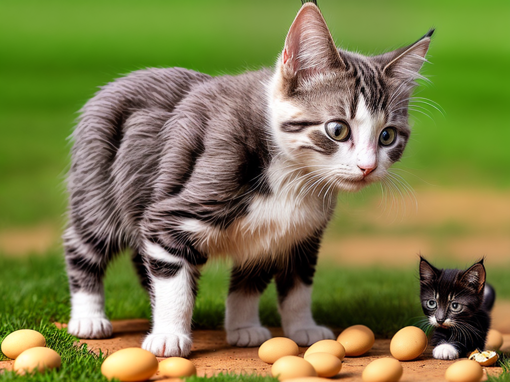 Generate a picture of a kittens crawling out of broken egg shells ...
