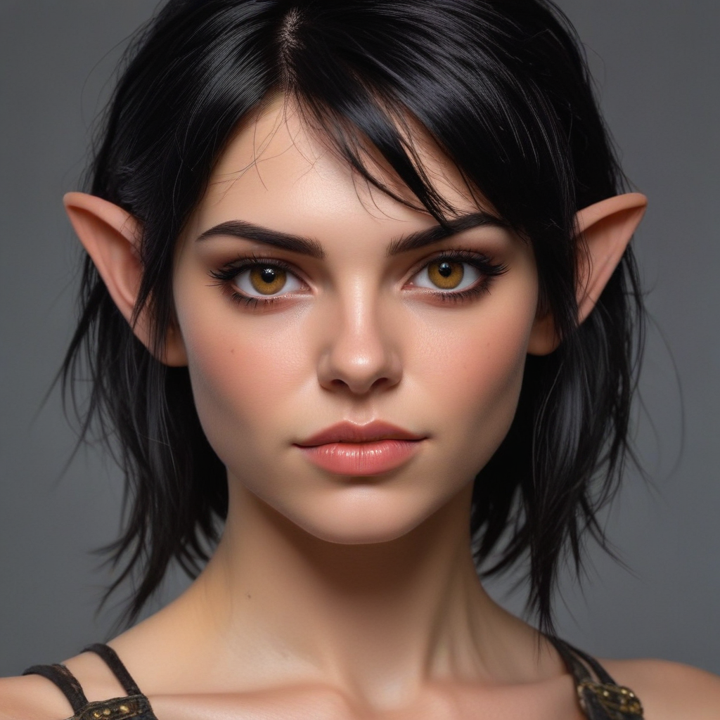 ugly high elf rogue woman with gold eyes and short black hair