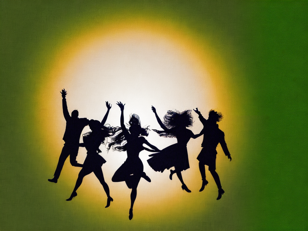 2 animals and 2 humans dancing in a circle together while holding hands