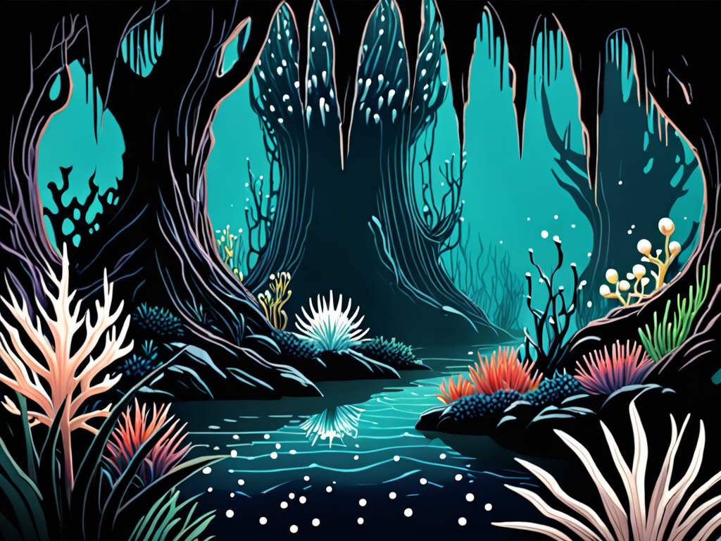 completely undersea, with a spiky grotto, some undersea plant in ...