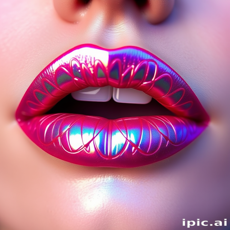 Vibrant Close-Up of Glossy Lips with Colorful Reflective Highlights and ...