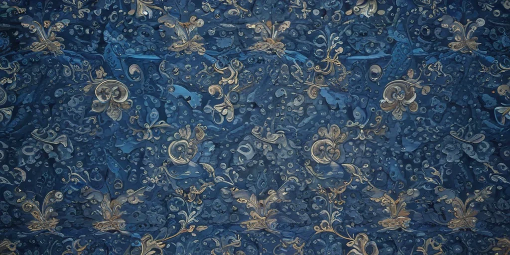 Intricate Blue Floral Pattern with Elegant Gold Accents on Dark Background