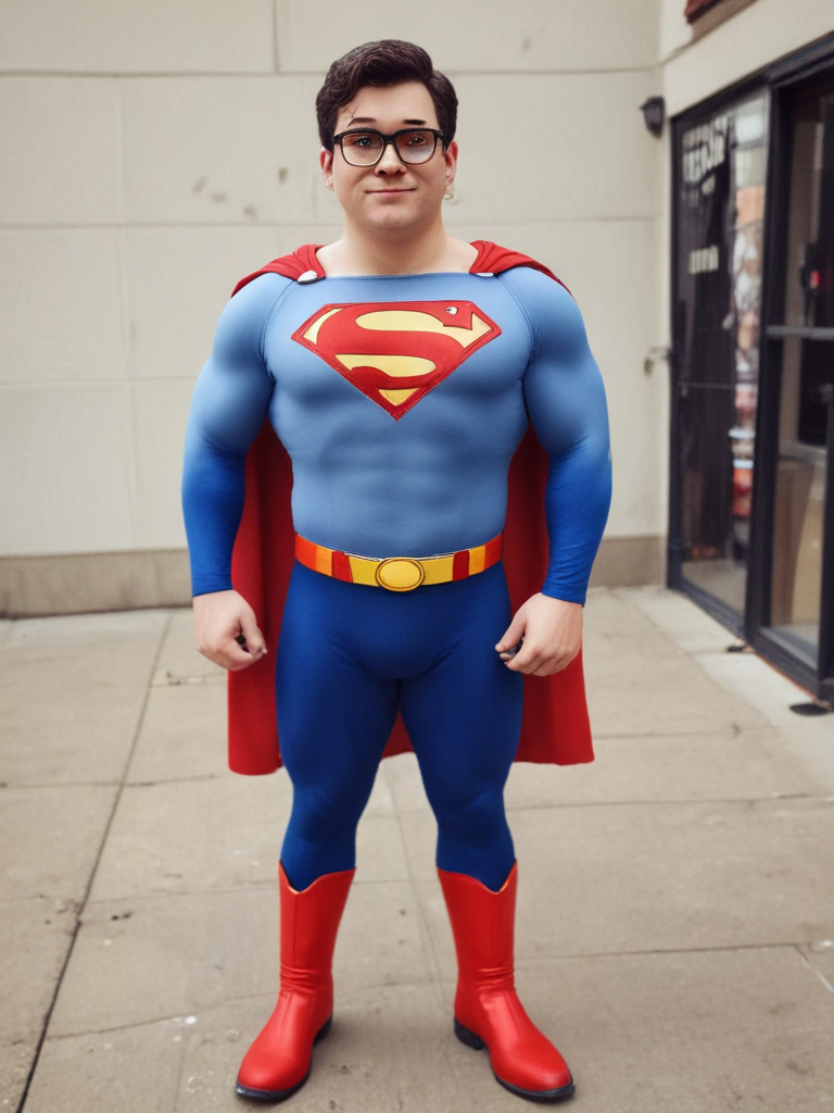 Realistic chubby high school nerd guy, realistic superman costume and ...