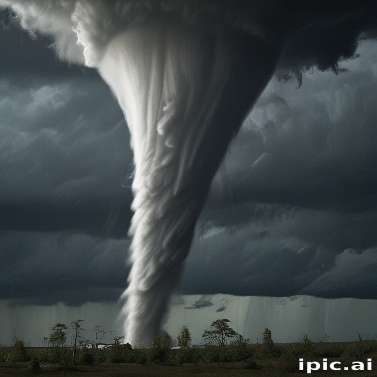 Powerful Tornado Descending from Dark Storm Clouds Over a Rural Landscape