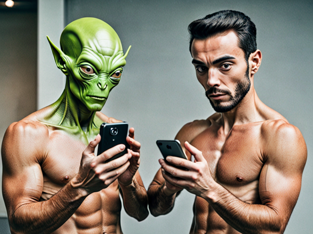 man turns into half alien and half man while looking at a smartphone
