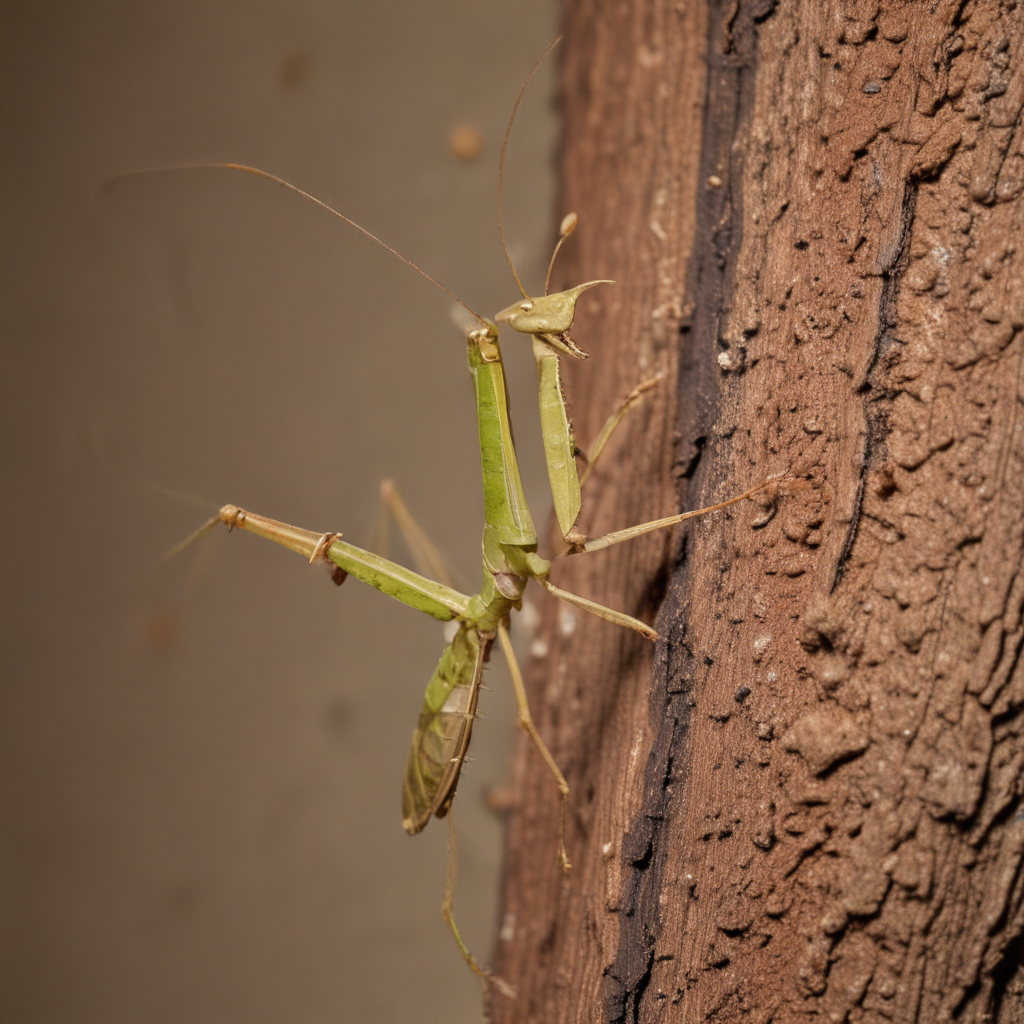 camouflaged thin stick mantis insect