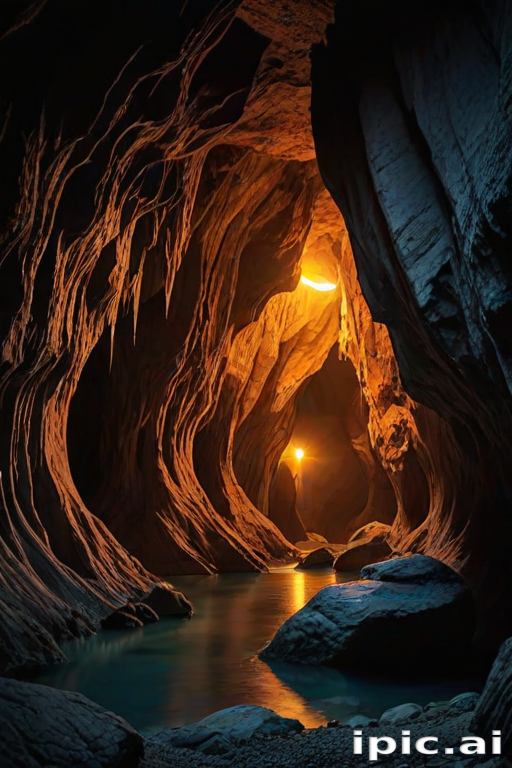 Enchanting Cave Interior Illuminated by Soft Glowing Lights and Water