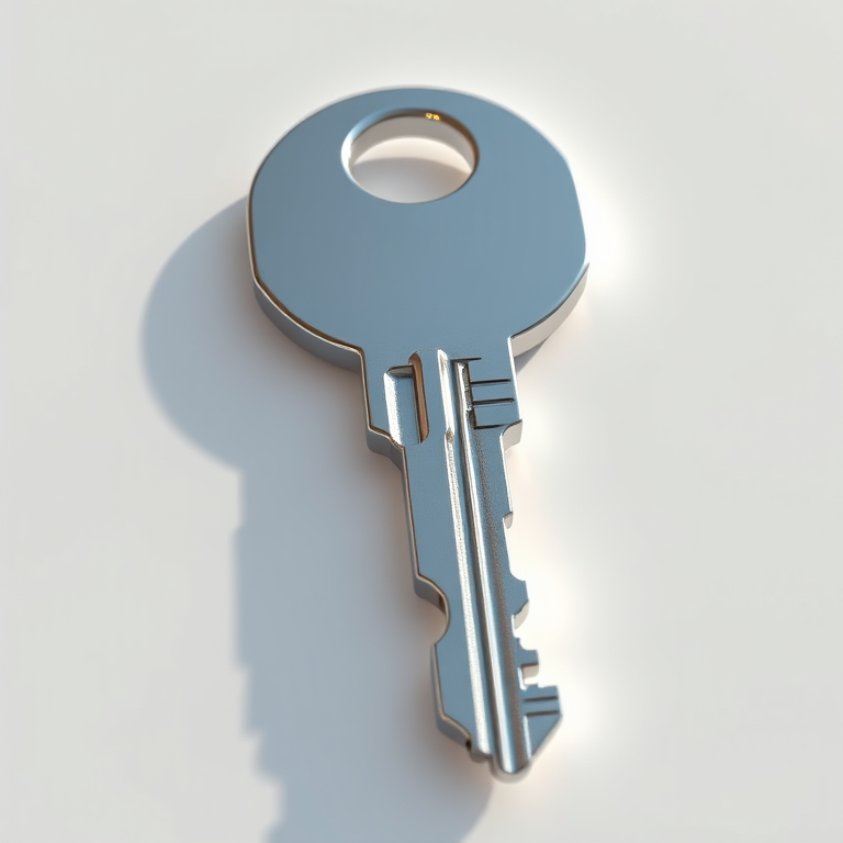 A Shiny Silver Key Resting on a Smooth White Surface.