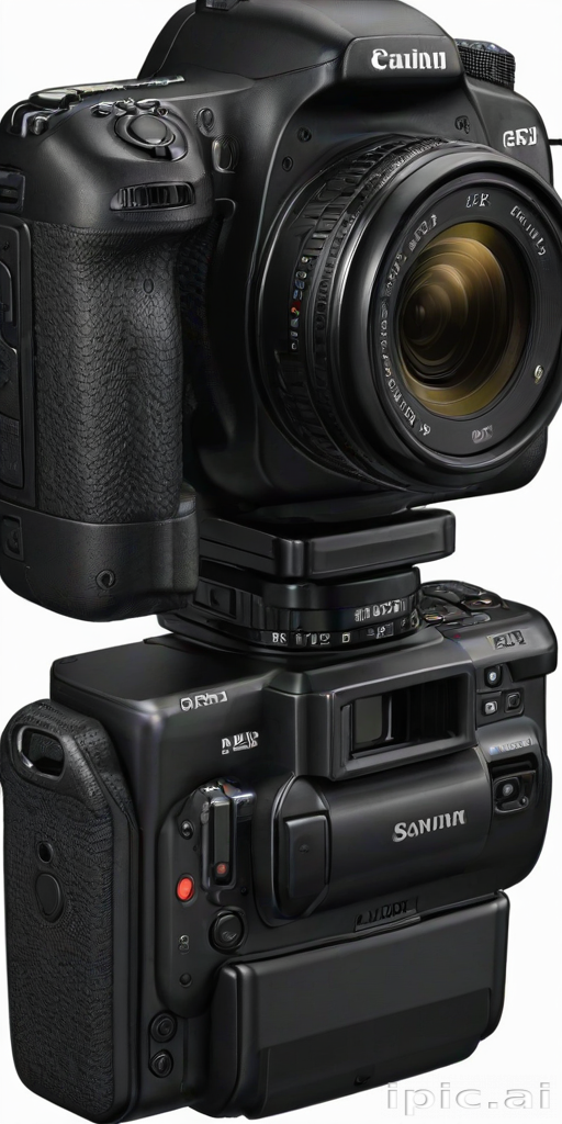 A Detailed View of a Dual-Lens DSLR Camera with Attached Flash Unit