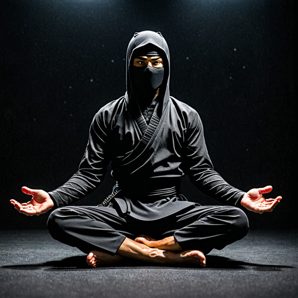 a ninja floating in black space while sitting with legs crossed meditating