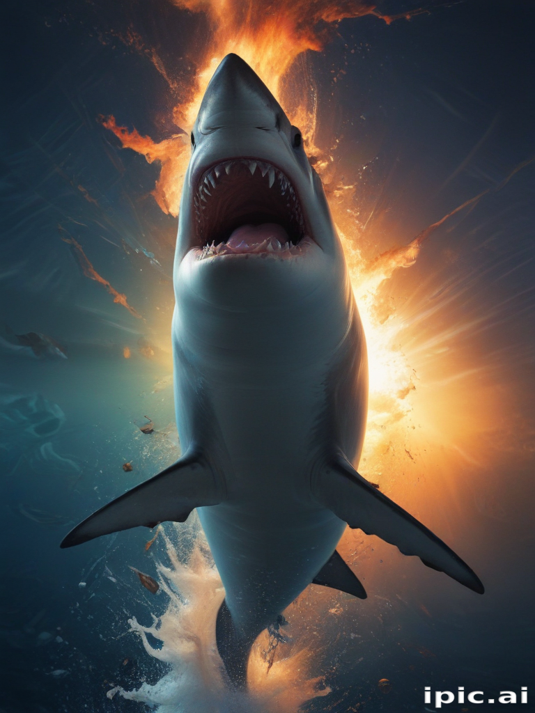 Majestic Great White Shark Leaping Through Fiery Explosion in Ocean Waters