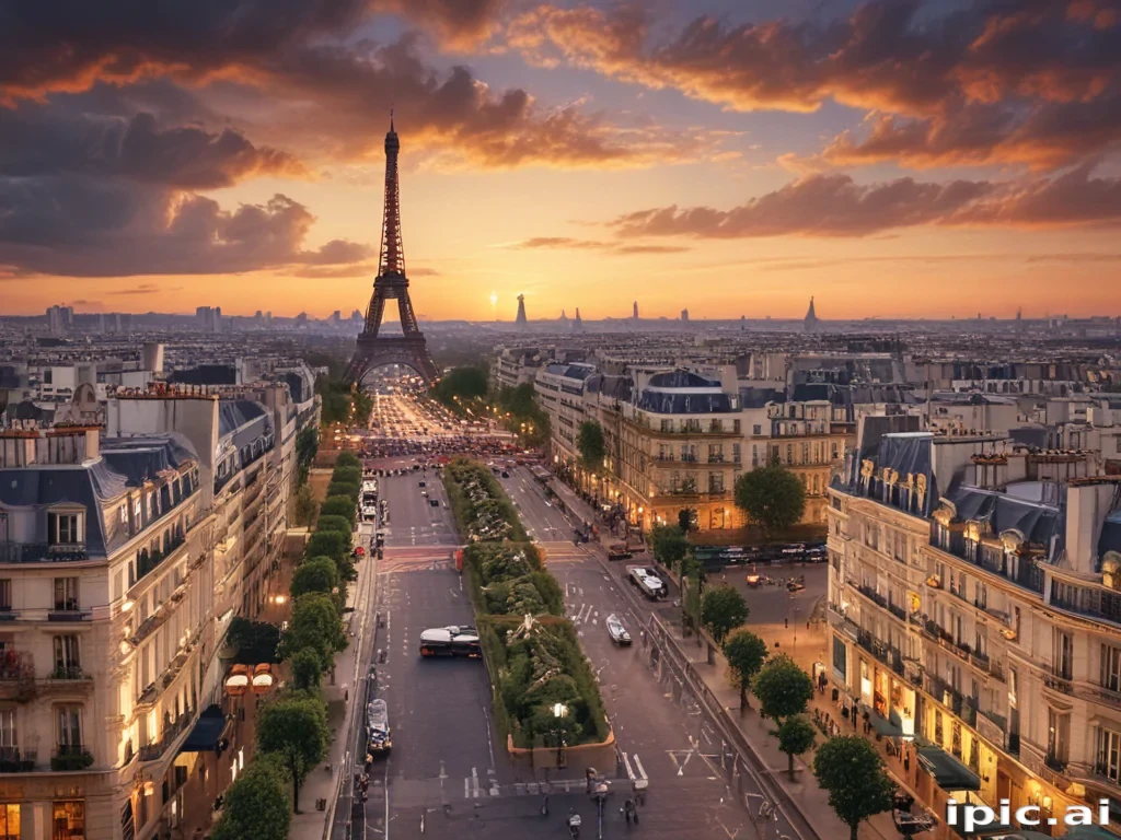 Stunning Sunset Over Paris Featuring the Eiffel Tower and Charming Streets