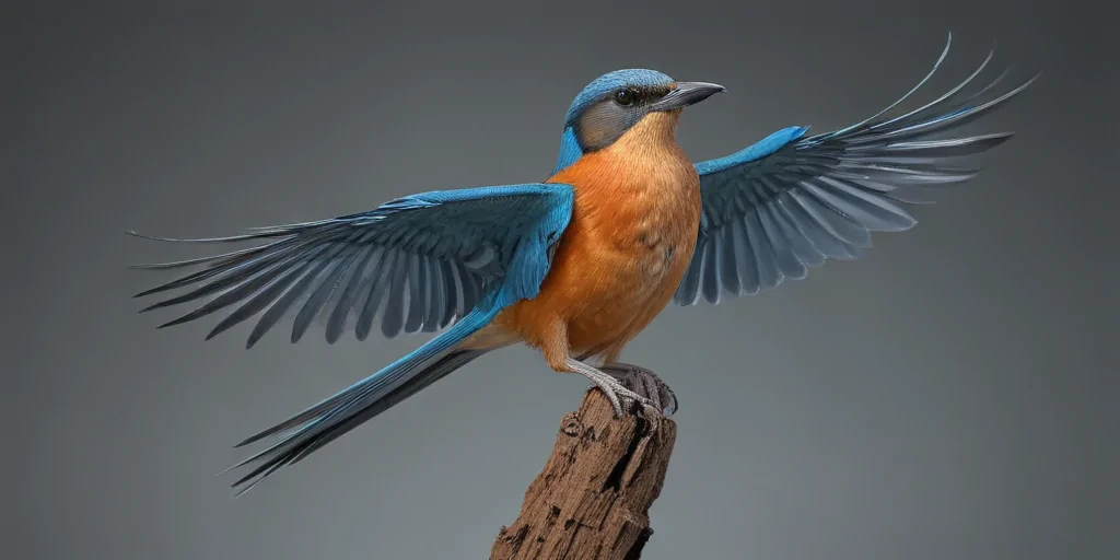 A Vibrant Blue and Orange Bird Spreading Its Wings on a Branch.