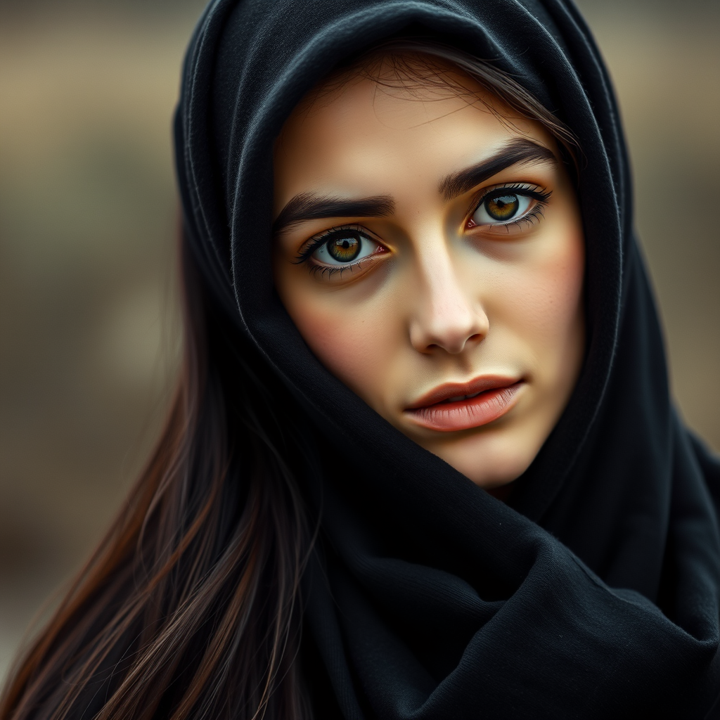 Portrait of a Young Woman with Striking Eyes in a Black Hijab