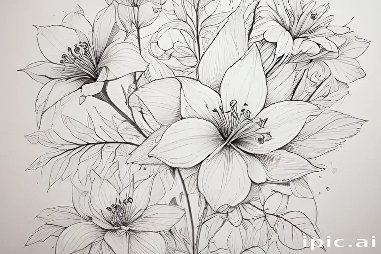Elegant Floral Illustration Featuring Detailed Lily Flowers and ...