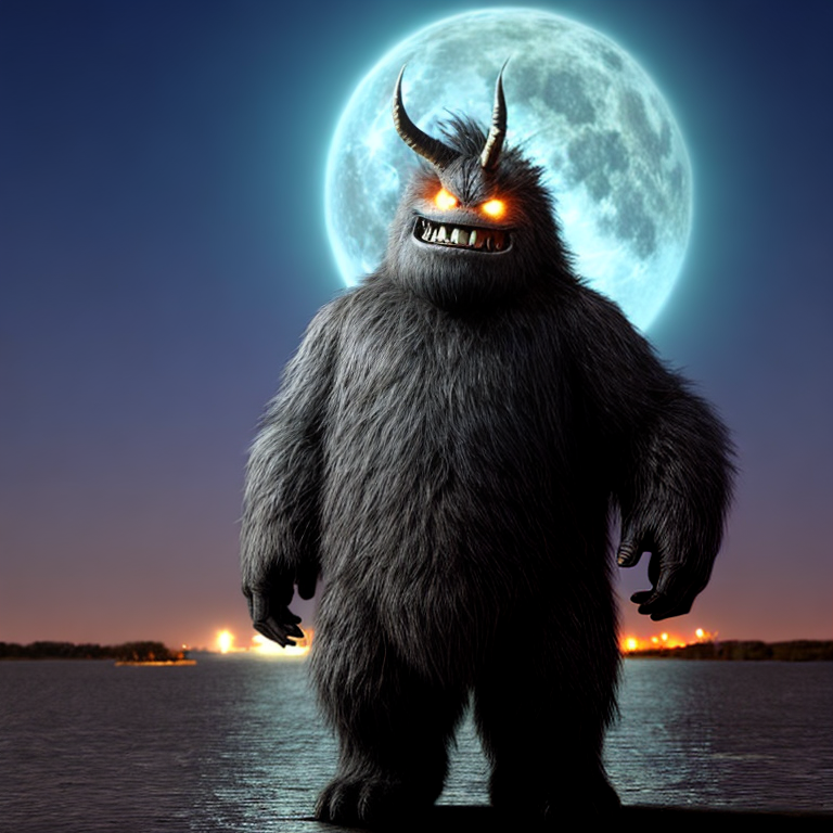 cute fluffy monster with horns in a room at night