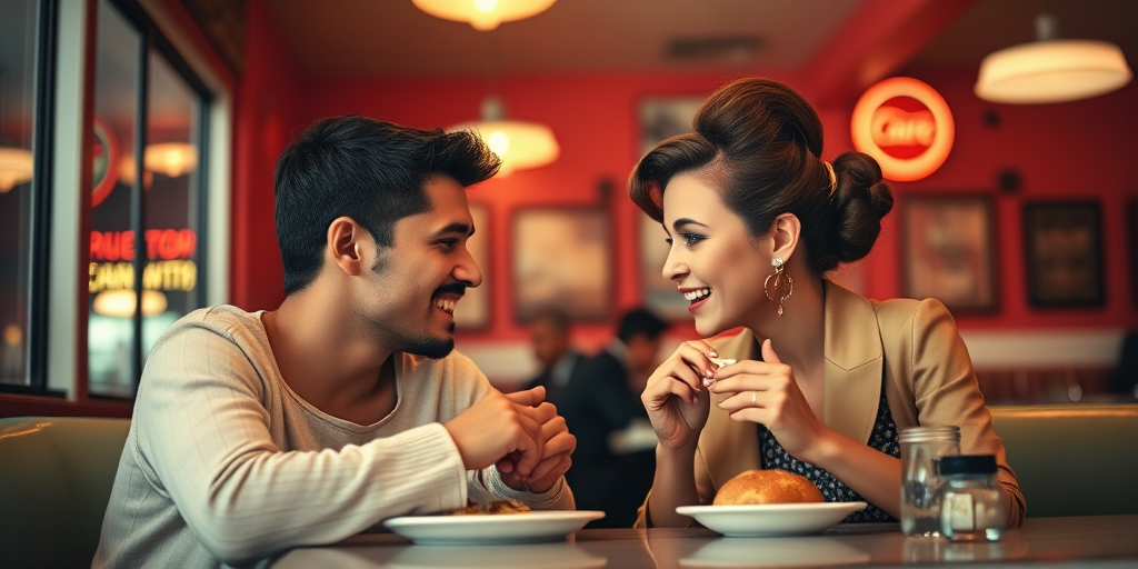 Create a retro 1950s diner scene featuring a couple enjoying a meal ...