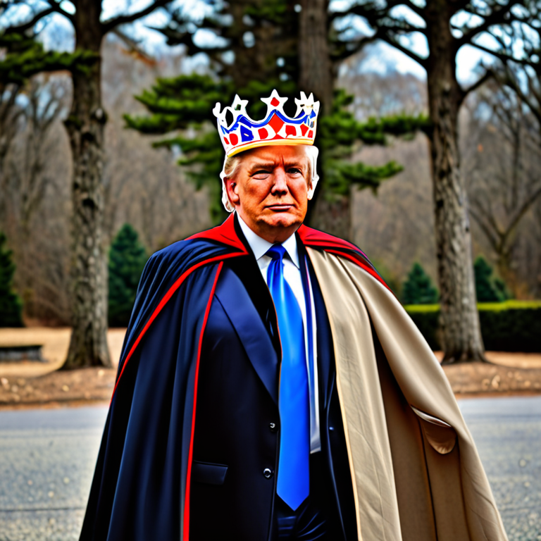 trump whit a crown and American flag cape