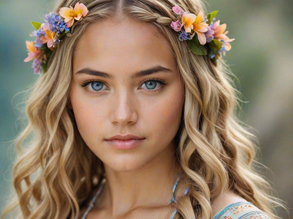 Portrait of a Young Woman with Beautiful Flowers in Her Hair