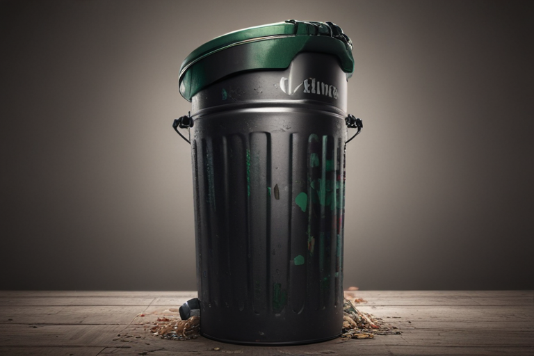 A Well-Used Trash Can with a Green Lid on a Wooden Floor