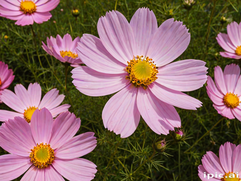Delicate Pink Cosmos Flowers Blooming Vibrantly in a Sunny Garden Setting