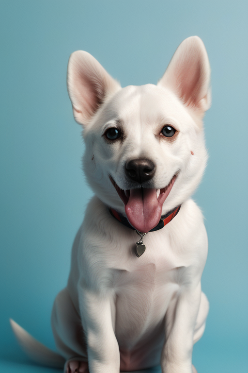 A Playful White Dog Smiling Happily Against a Light Blue Background