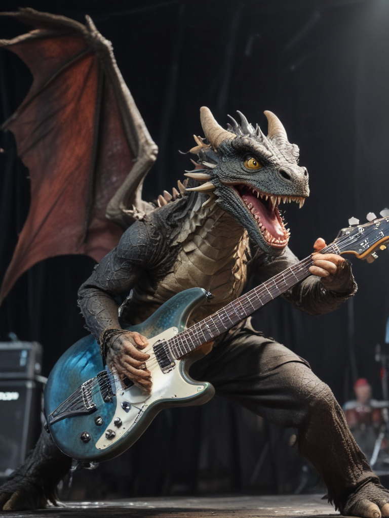 Dragons playing rock on a stage