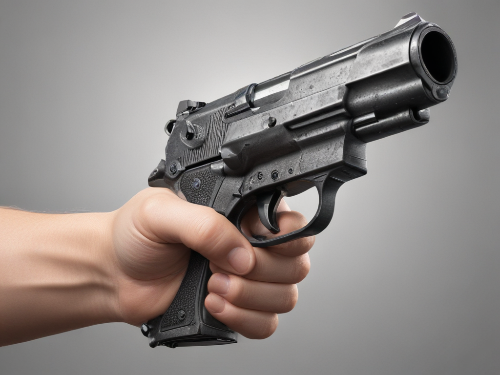 Close-Up of a Hand Holding a Semi-Automatic Handgun Against a Gray ...