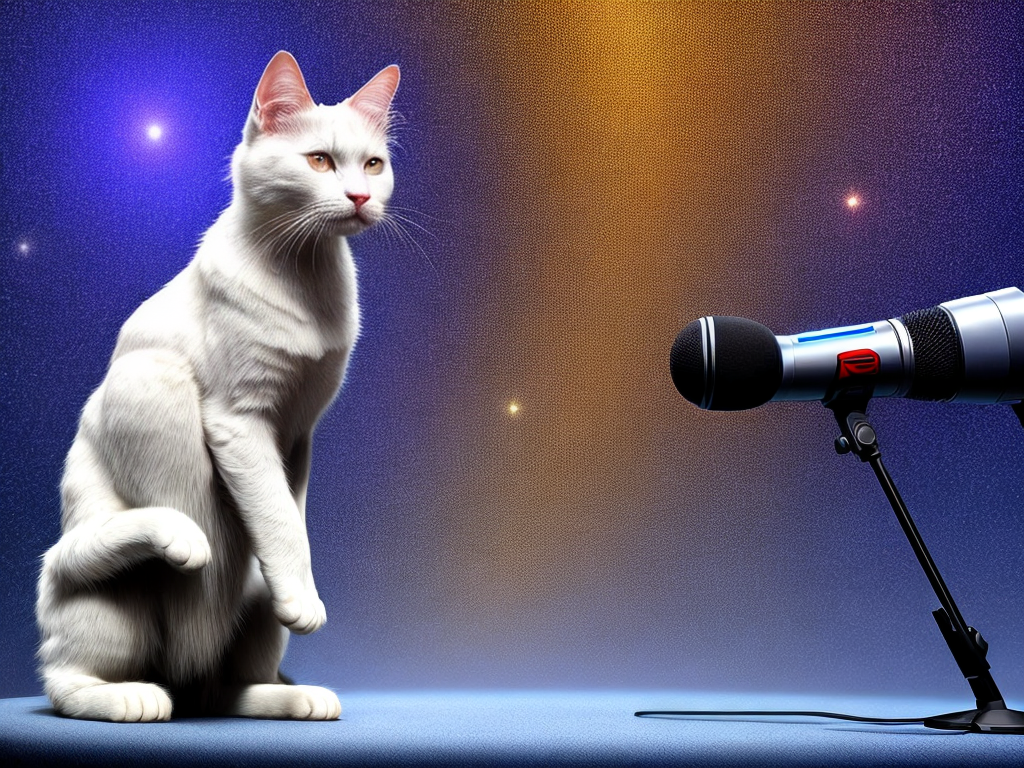 white cat in a shiny jacket singing into a microphone on a stage