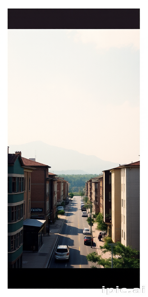 Serene Urban Street View with Mountains in the Background on a Sunny Day
