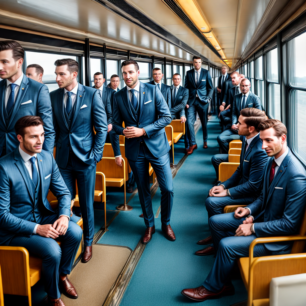 Inside a fancy train with men in suits