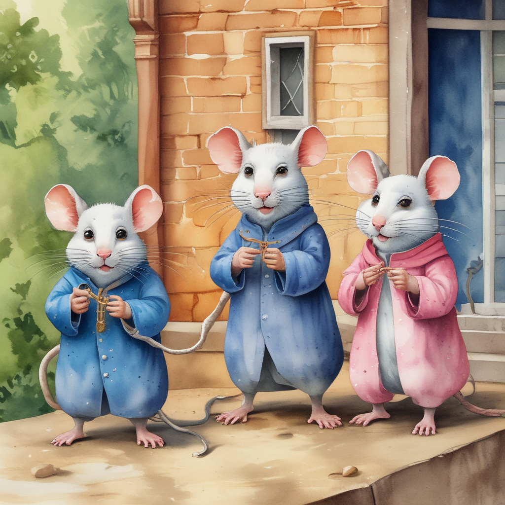 a watercolor rendition on canvas of the nursery rhyme "three blind mice"