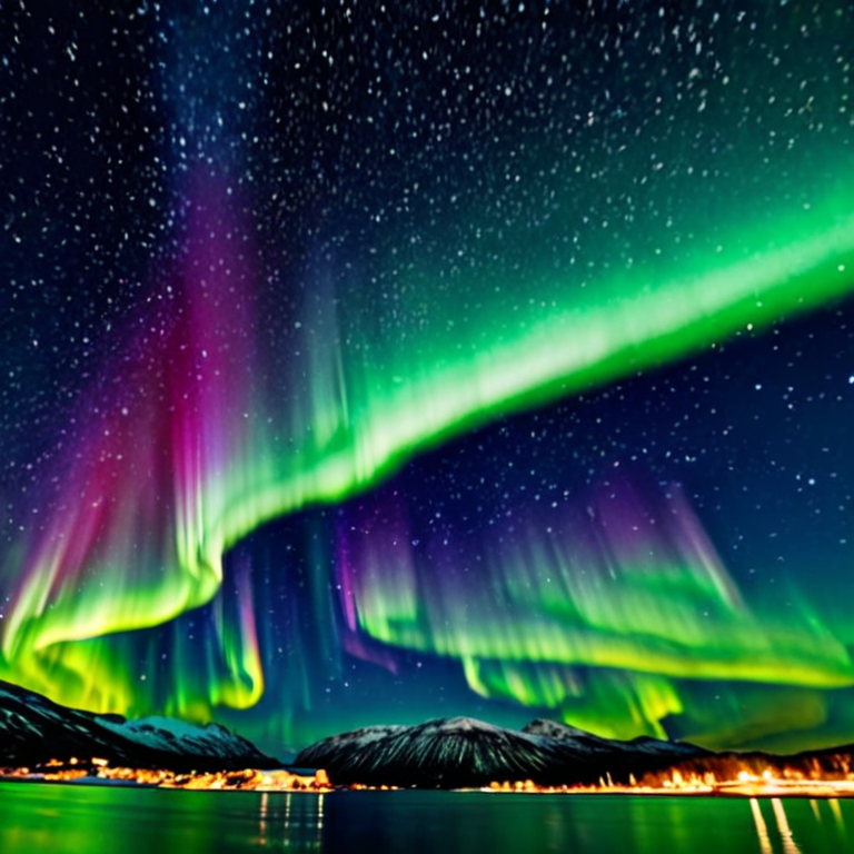 super bright northern lights photo in arctic norway in a stary night