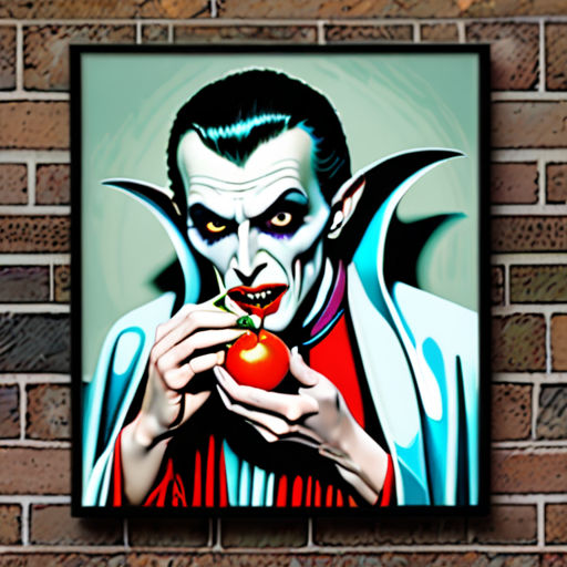 Photo realistic mid century pastel vampire eating tomatoes