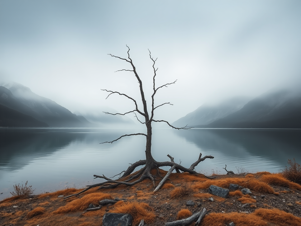Lonely Tree Standing Strong Against the Misty Lakeside Landscape