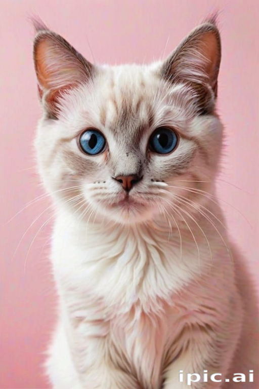 Adorable Fluffy Cat with Striking Blue Eyes Against a Pink Background