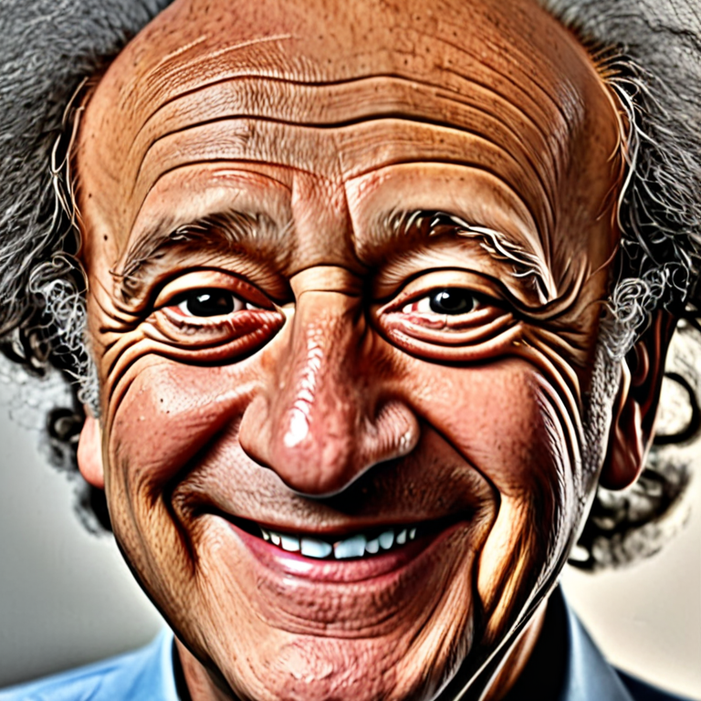 Realistic close-up portrait of a smiling man resembling Larry Fine.