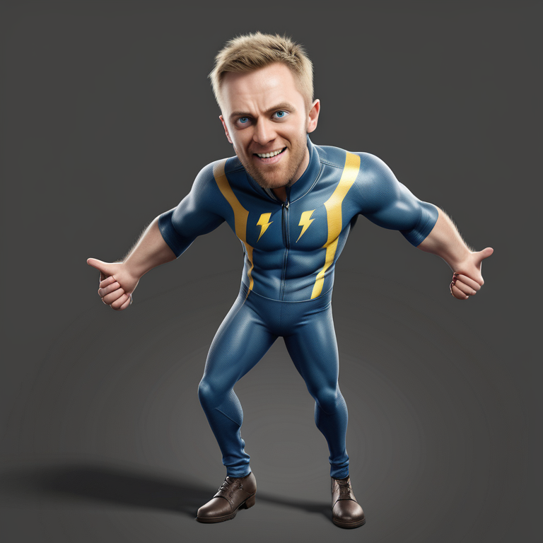 Dynamic Superhero Character with Blue Suit and Lightning Bolt Design