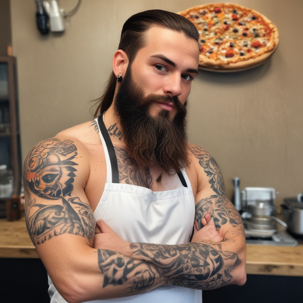 Pizza chef with tattoos and a beard and long hair
