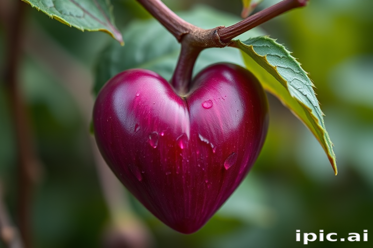 A Beautiful Heart-Shaped Fruit Hanging from a Green Leafy Branch.