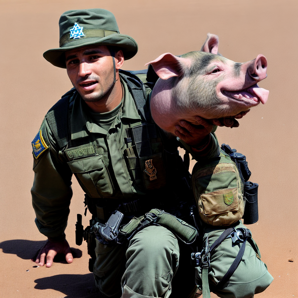 An Israeli soldier with a pig's head