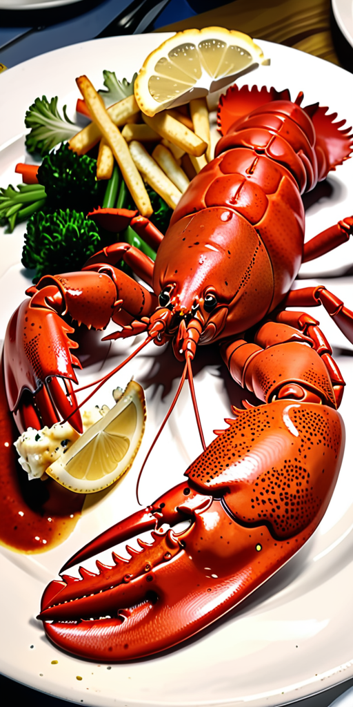 Deliciously Cooked Lobster Served with Lemon, Fries, and Fresh Vegetables