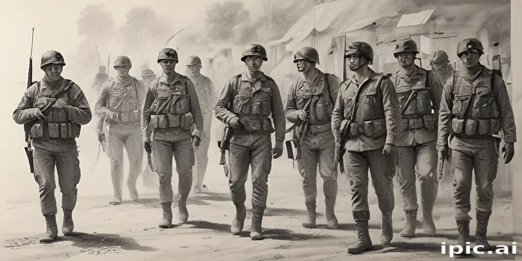 Brave Soldiers Marching Together Through a Foggy Battlefield Landscape